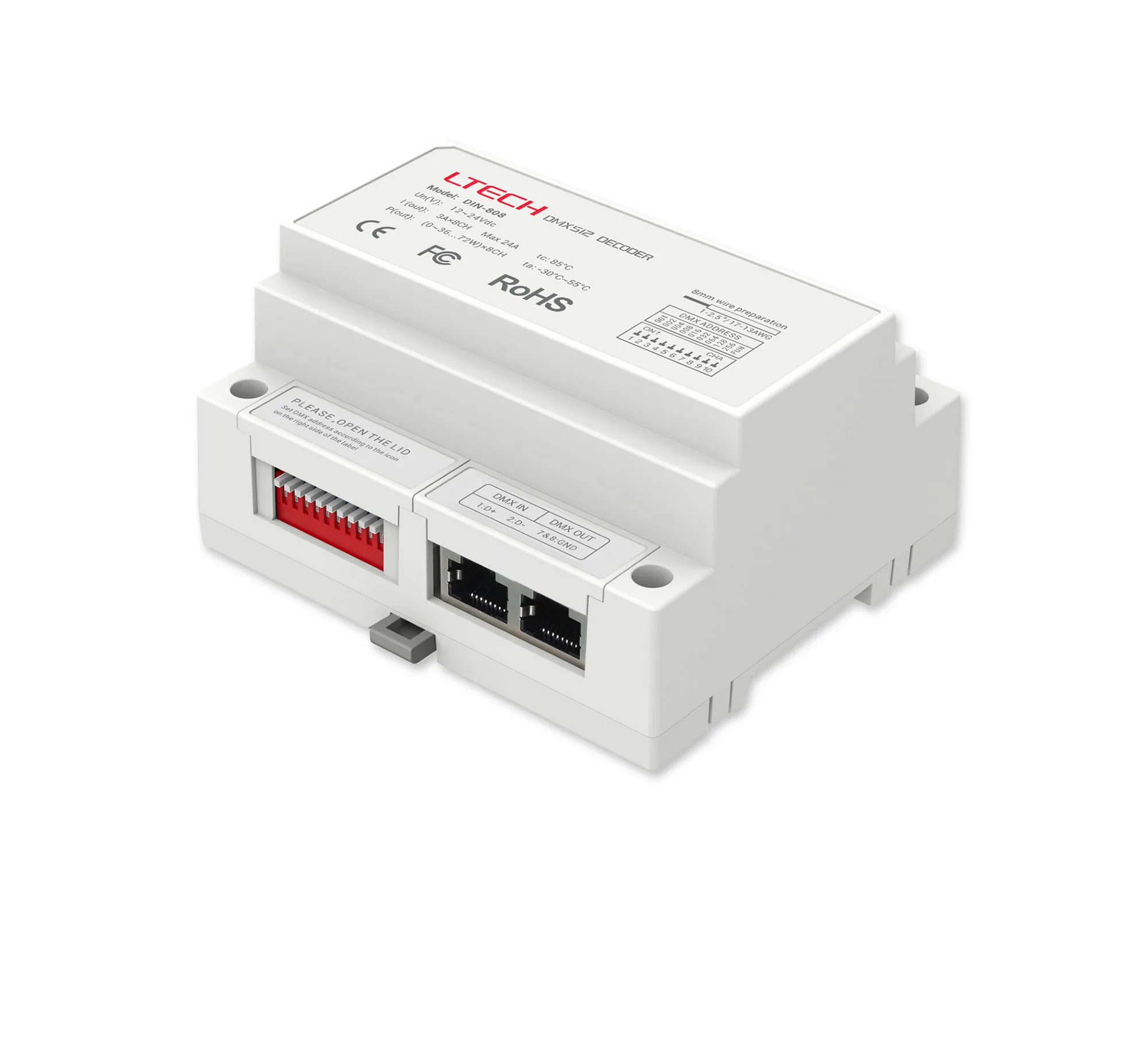 DIN-808 DMX Controller LTECH 8 Channel CV DMX Decoder 12/24V DC 24A (3A ...