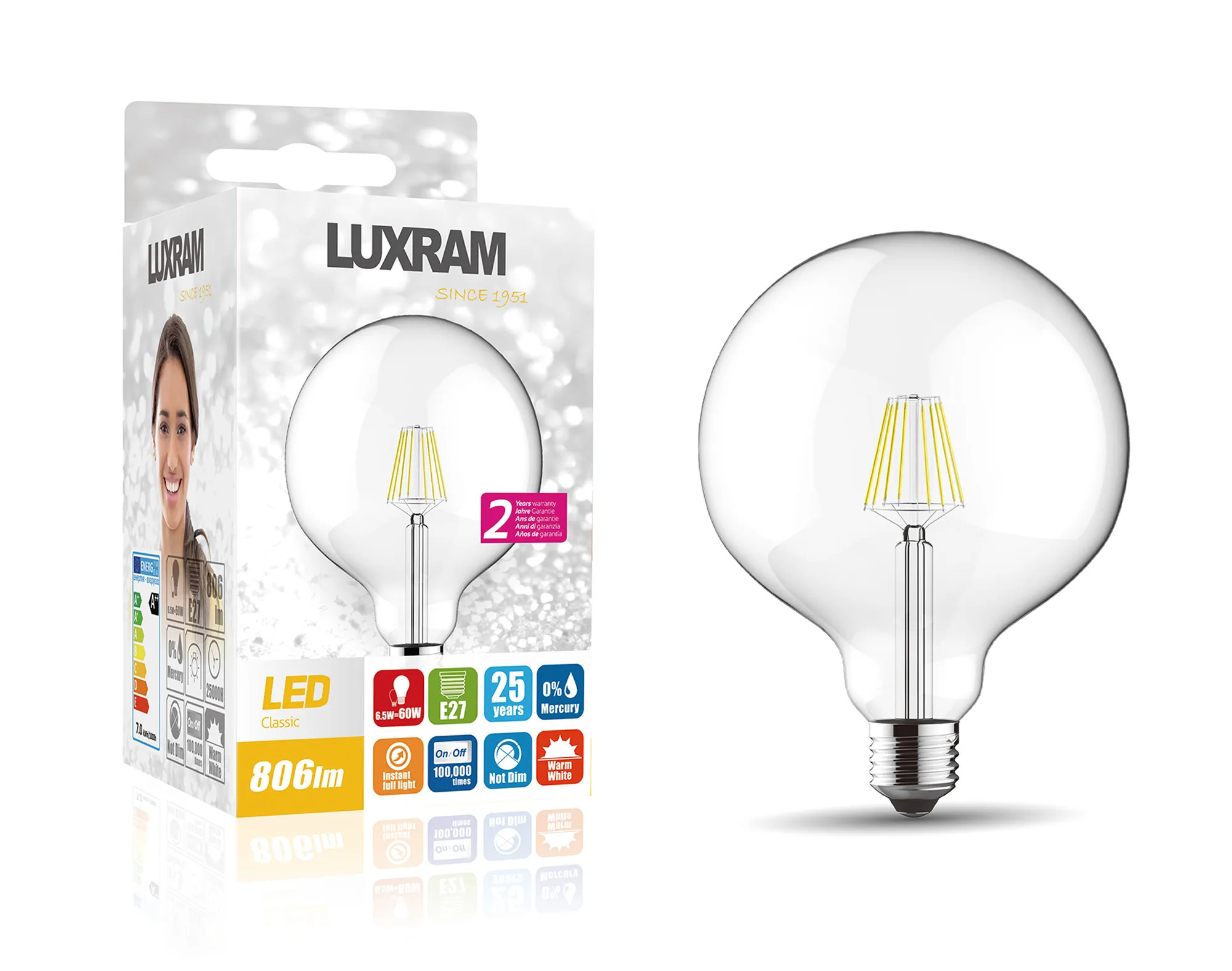 763818143 Value Classic Luxram Value Classic LED Globe 125mm E27 8W ...