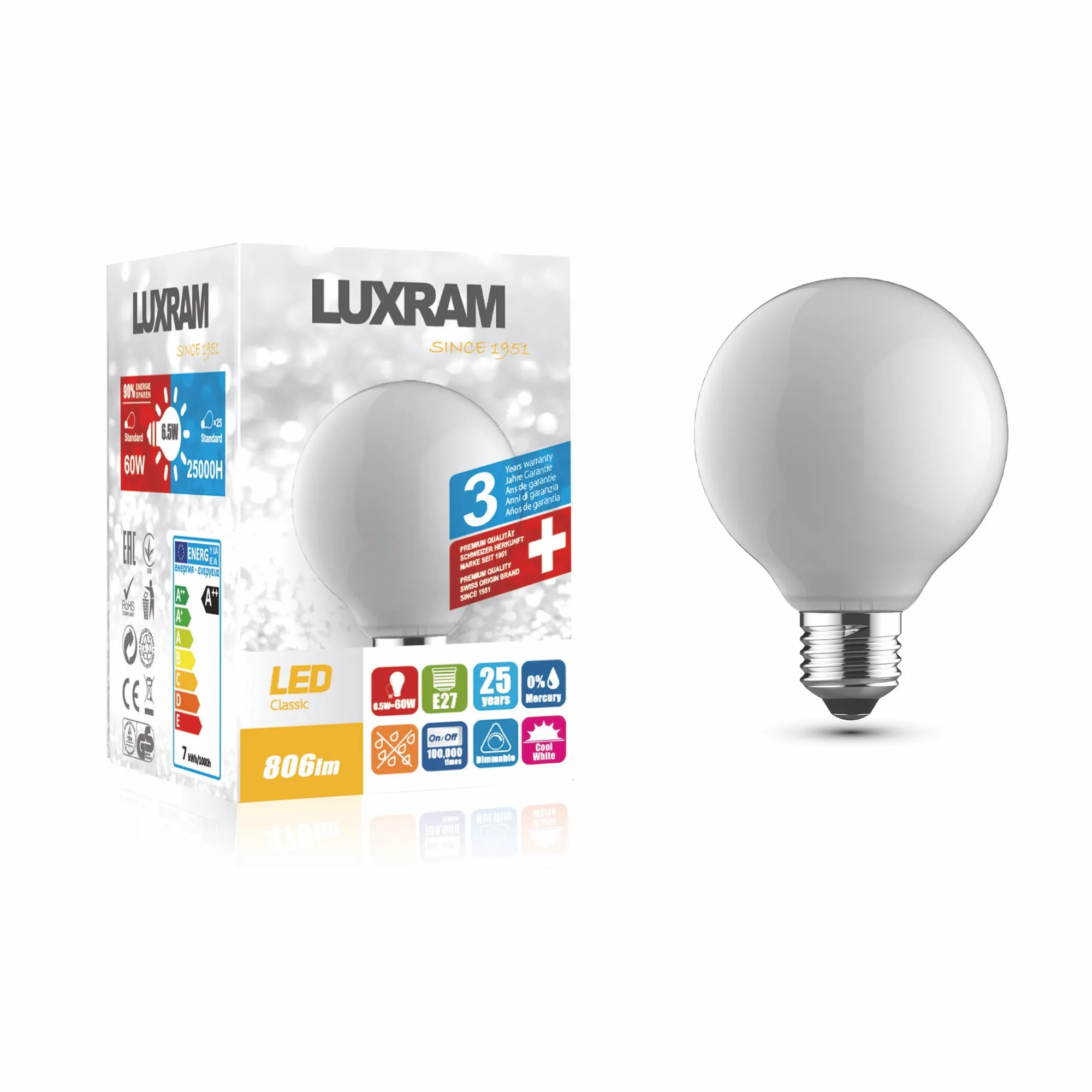 1416593 Value Classic Luxram Value Classic LED Globe 95mm E27 Dimmable ...